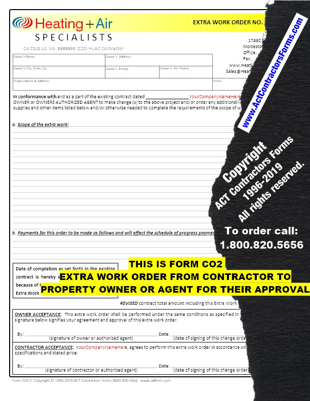 Construction Change Order Forms For Contractors and Subcontractors