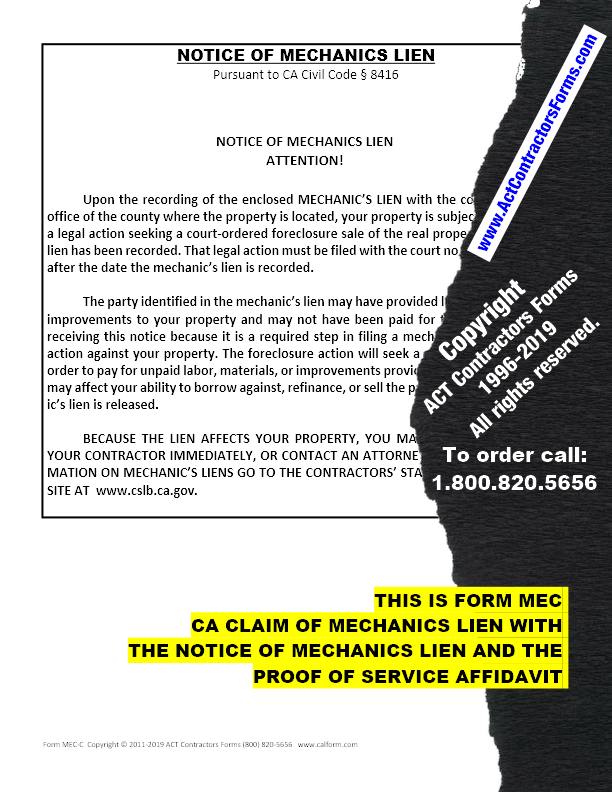 California Claim of Mechanics Lien Form, Notice of Mechanics Lien ...