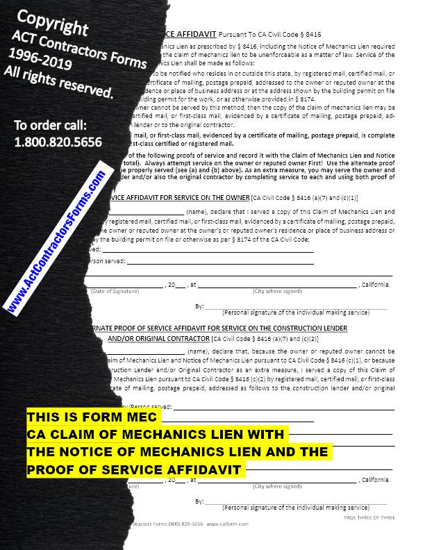 California Claim of Mechanics Lien Form, Notice of Mechanics Lien ...