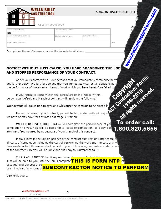 Notice To Perform Form for Construction