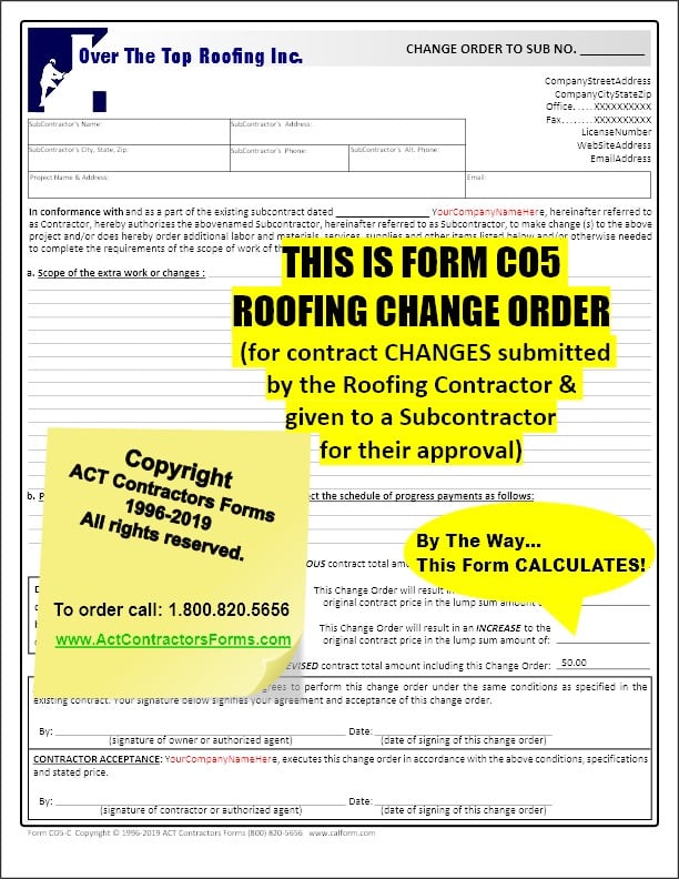 Roofing Contractor Change Orders & Extra Work Order Forms
